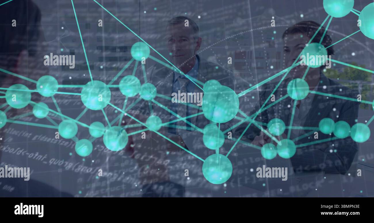 Three colleagues in suits discussing data flow in boardroom, with ...