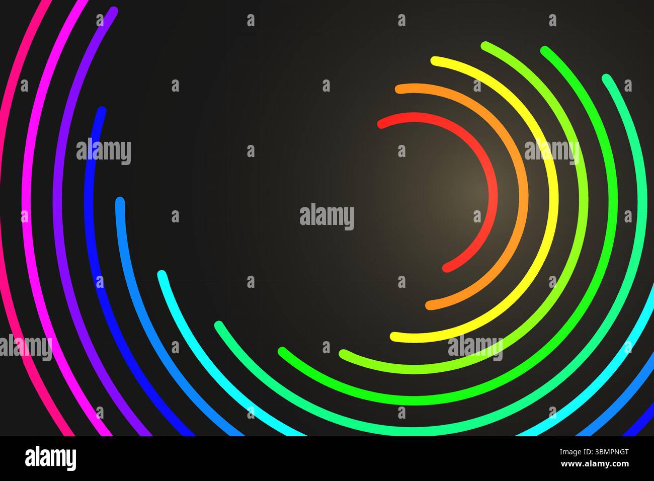 Glowing rainbow colored arcs curve across a dark gradient background ...