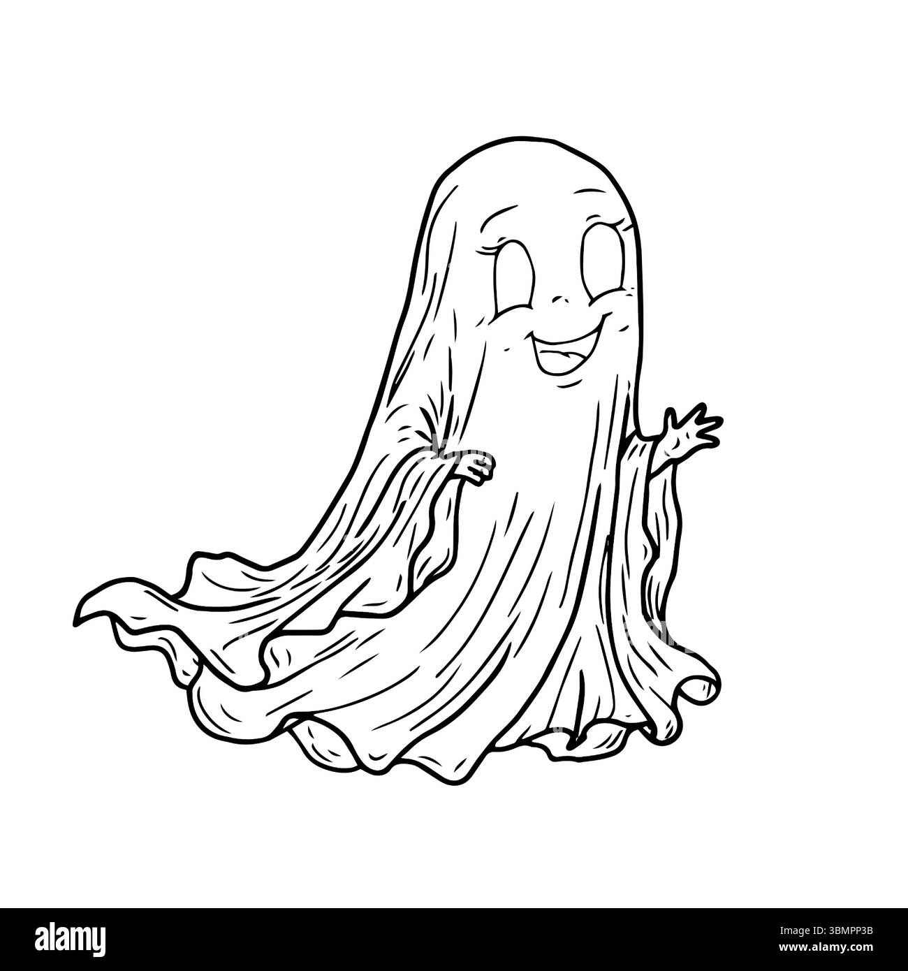 Funny ghost flying, black and white ink sketch. Vector illustration. A ...