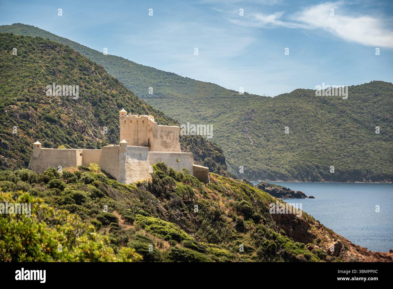 The recently renovated Genoese tower and fortress at Girolata, a small ...