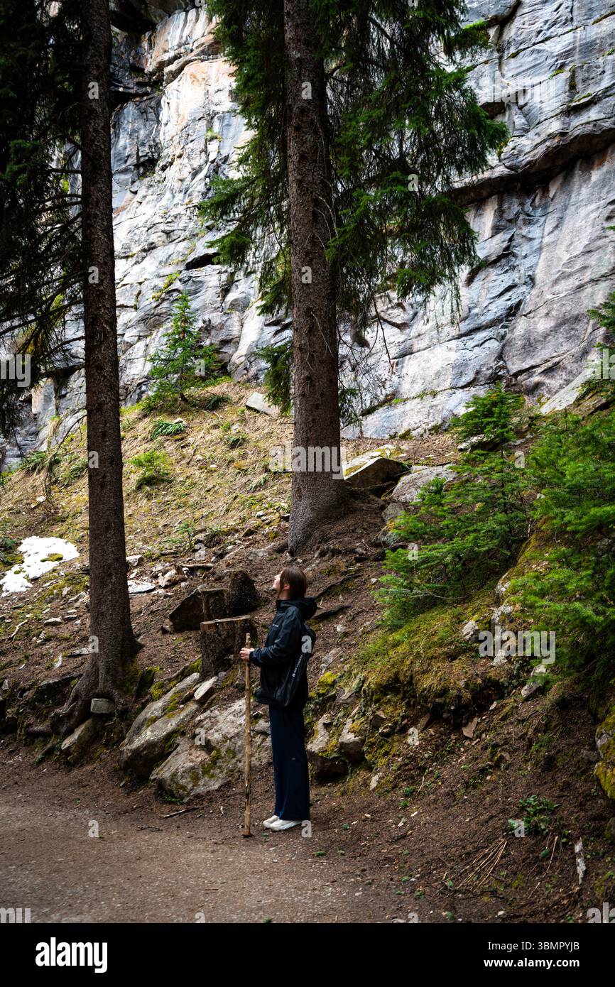 Person in forest gazing up at rocky cliff wall Stock Photo - Alamy