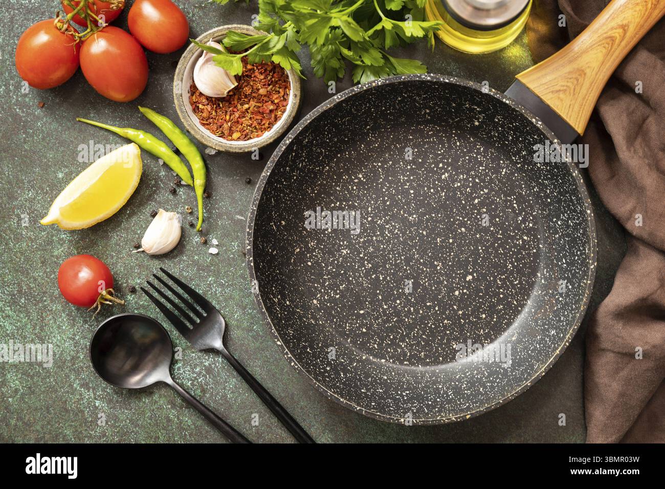 Food cooking background with Frying pan. Empty skillet, vegetables ...