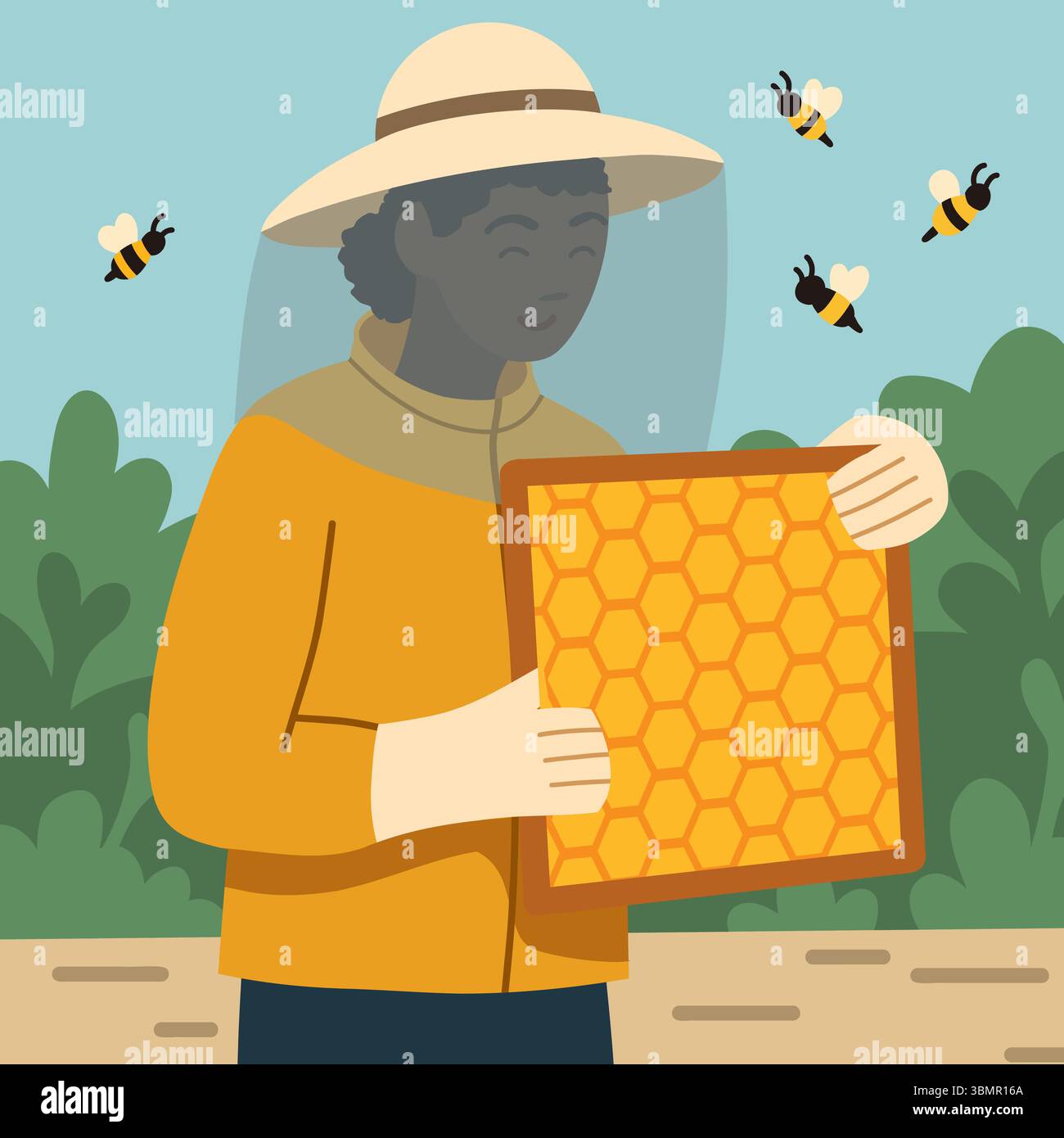 Vector trendy illustration of African woman beekeeper with a frame with ...