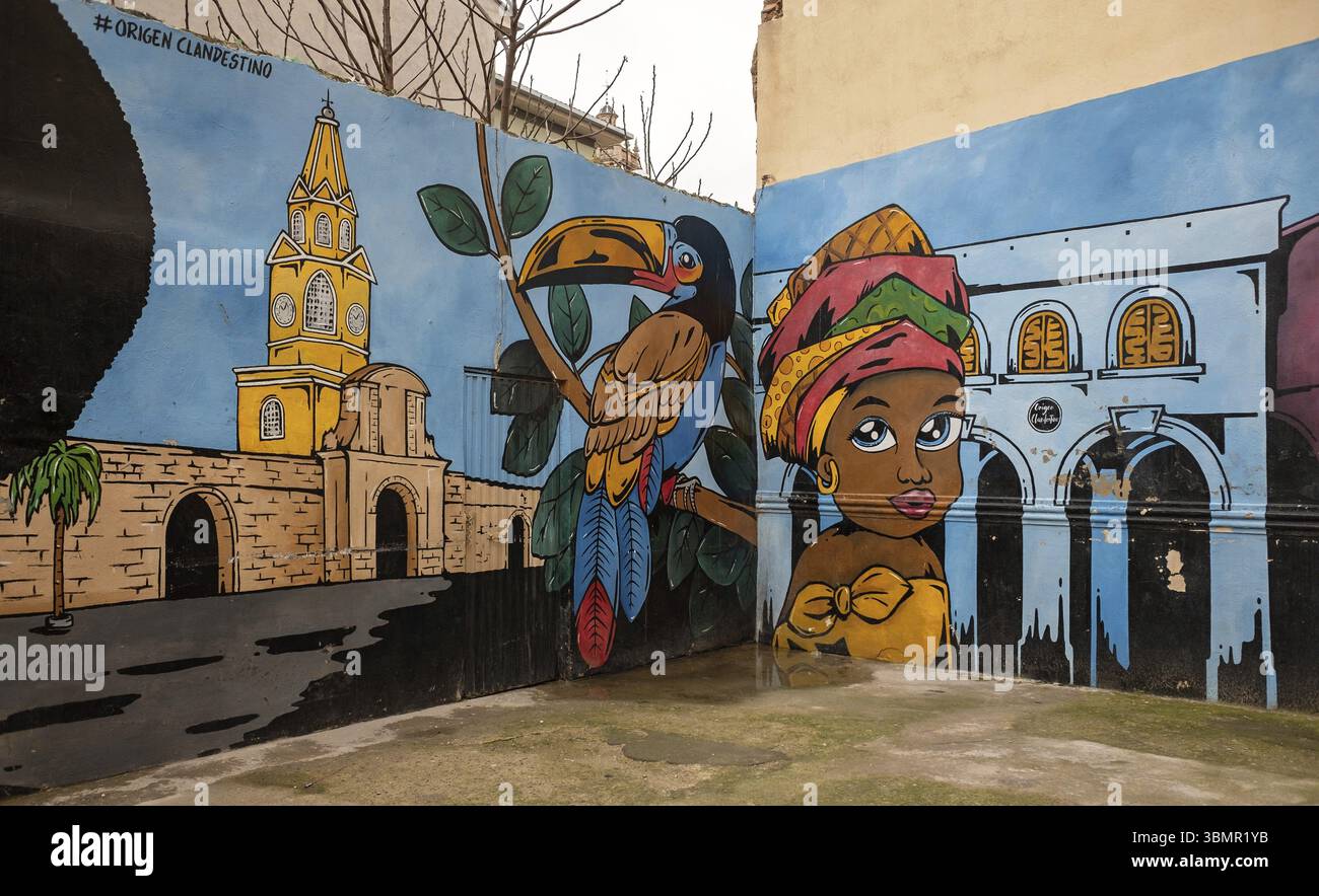 Vibrant mural celebrating Cartagena's heritage, featuring iconic clock ...