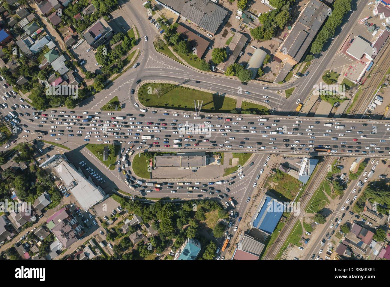 Aerial view of the vehicular intersection, traffic at peak hour with ...