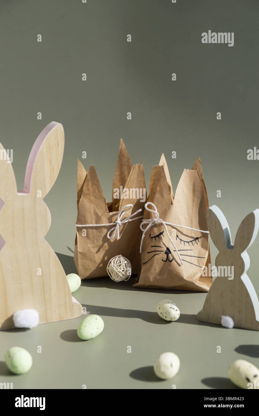 DIY candid Easter present paper bag bunny arrangement decor. Series of ...