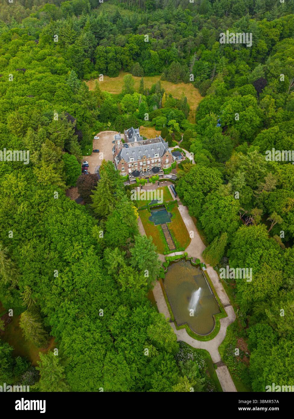 An aerial view of a historic mansion surrounded by lush green trees and ...