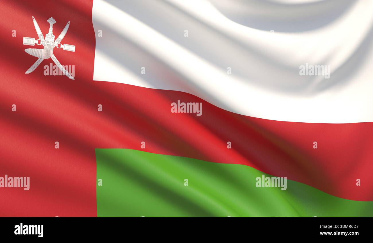 Flag of Oman. Waved highly detailed fabric texture. 3D illustration ...