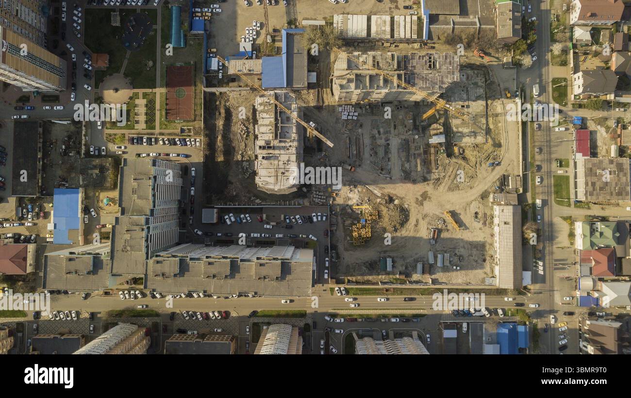 Directly above view of construction of modern high-rise buildings ...