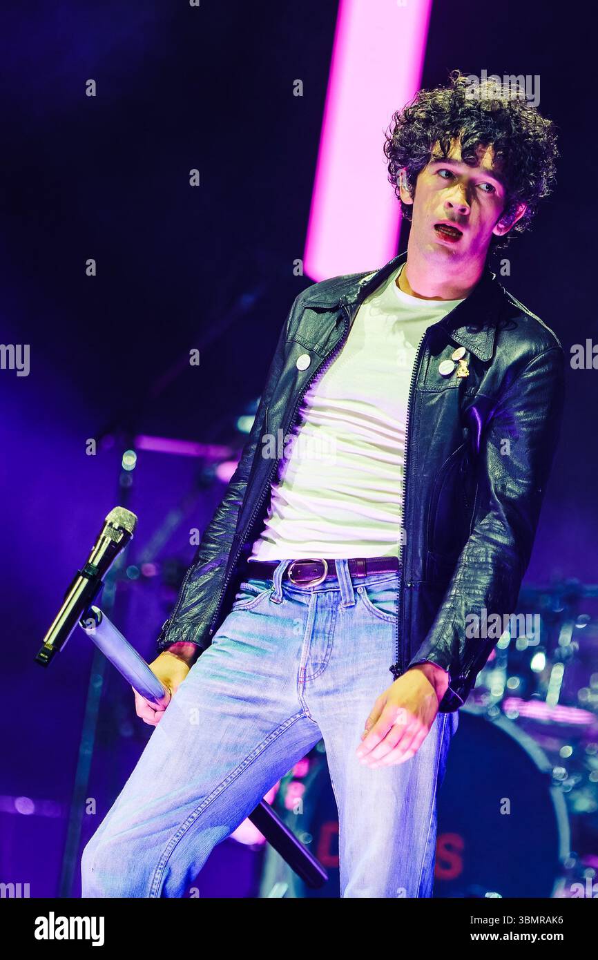 Pilton, UK. 27 June 2025. The 1975 headline the Pyramid Stage on the ...