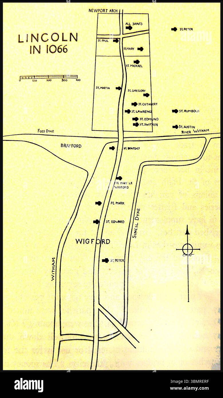 An historical map of Lincoln (UK) in 1066 showing churches at that time ...