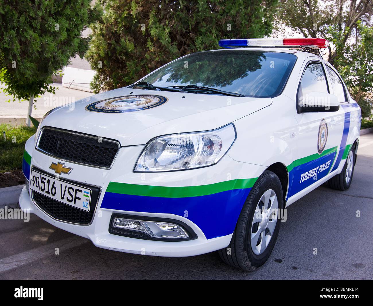 Tourist police car on the streets of Uzbekistan. Local law enforcement ...