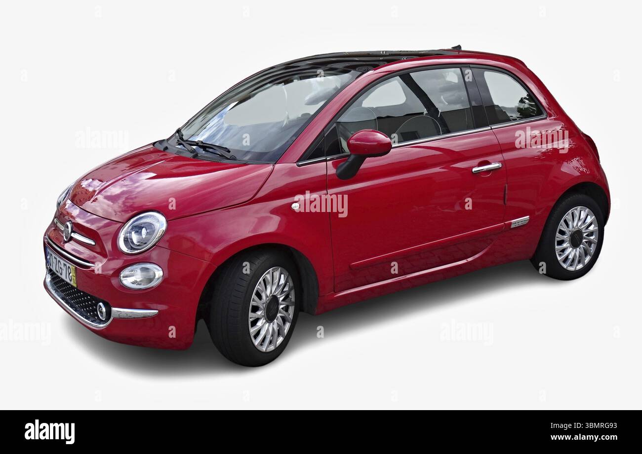 Shiny red Fiat 500 with open sunroof isolated on white background Stock ...