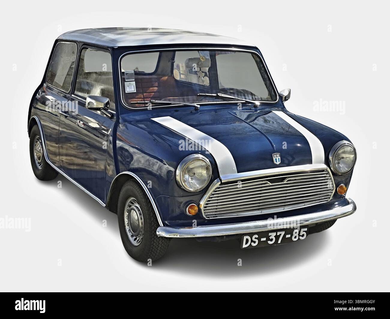 Classic blue Austin Mini Cooper S with white racing stripes parked ...