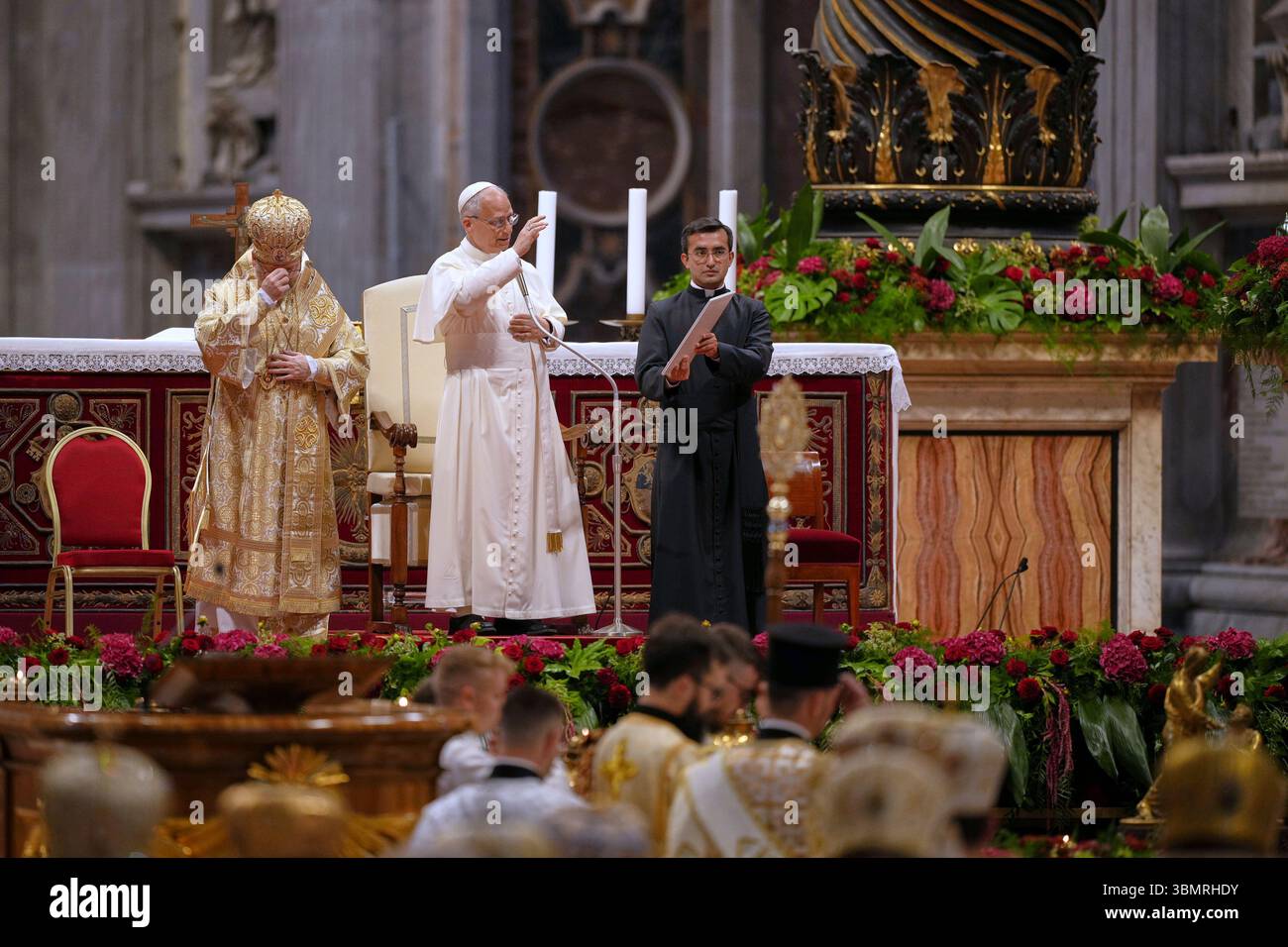 Pope Leo XIV, flanked by Archbishop of Kyiv, Sviatoslav Shevchuk, left ...