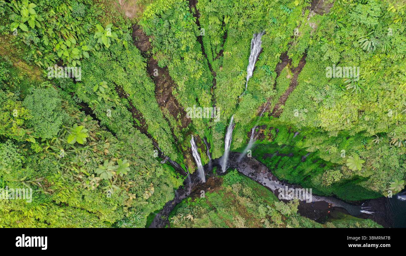 This bird eye view captures the vertical cliffs and multiple streams of ...