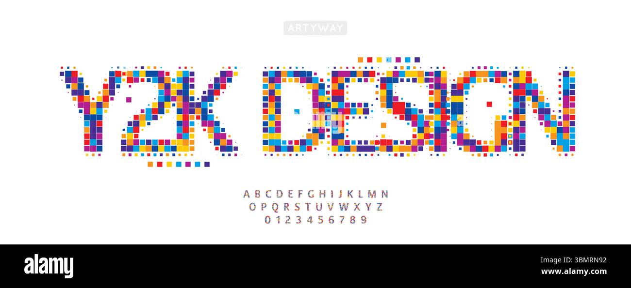 Y2K pixel alphabet, colorful playful mosaic font with funky glitch ...