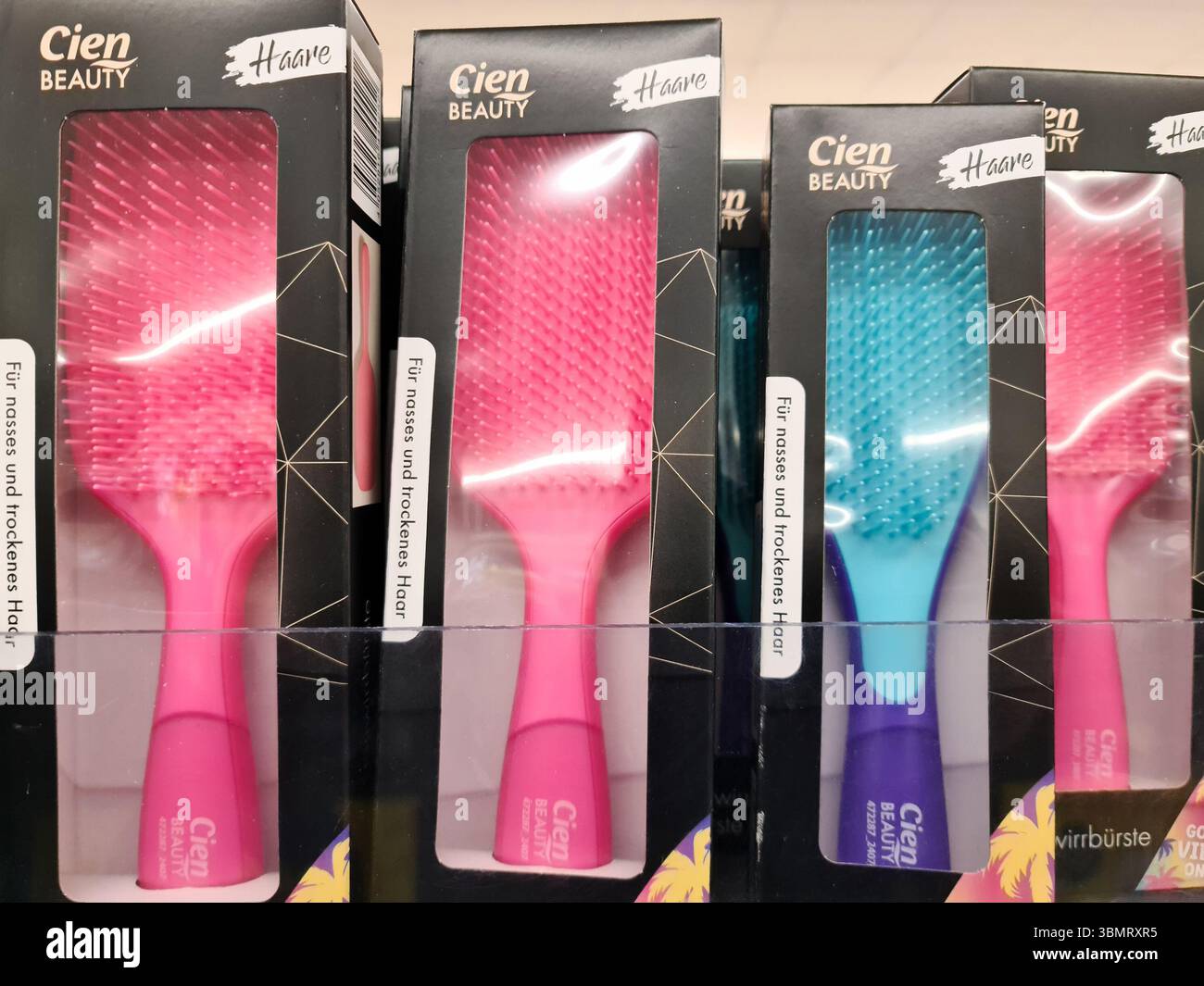Kiel, Germany - 18. June 2025: Colorful plastic hairbrushes from Cien ...