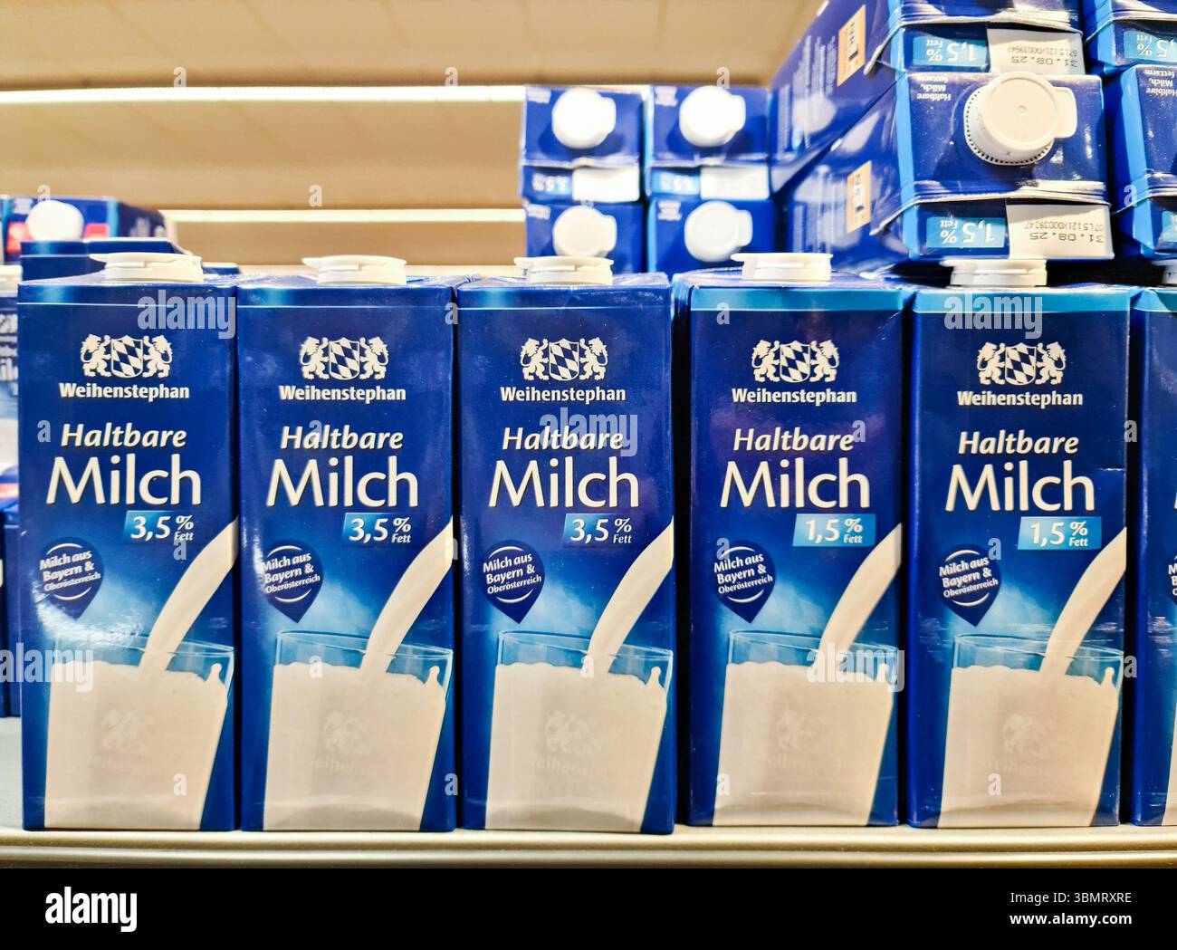 Kiel, Germany - 18. June 2025: Weihenstephan UHT milk cartons of ...