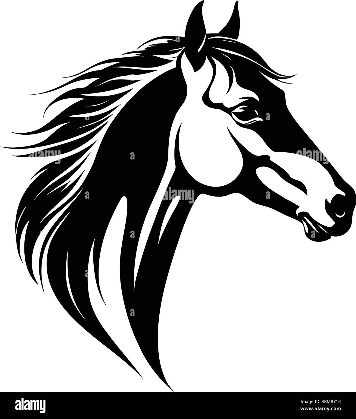 stylized horse head portrait silhouette with bold lines and wavy mane ...
