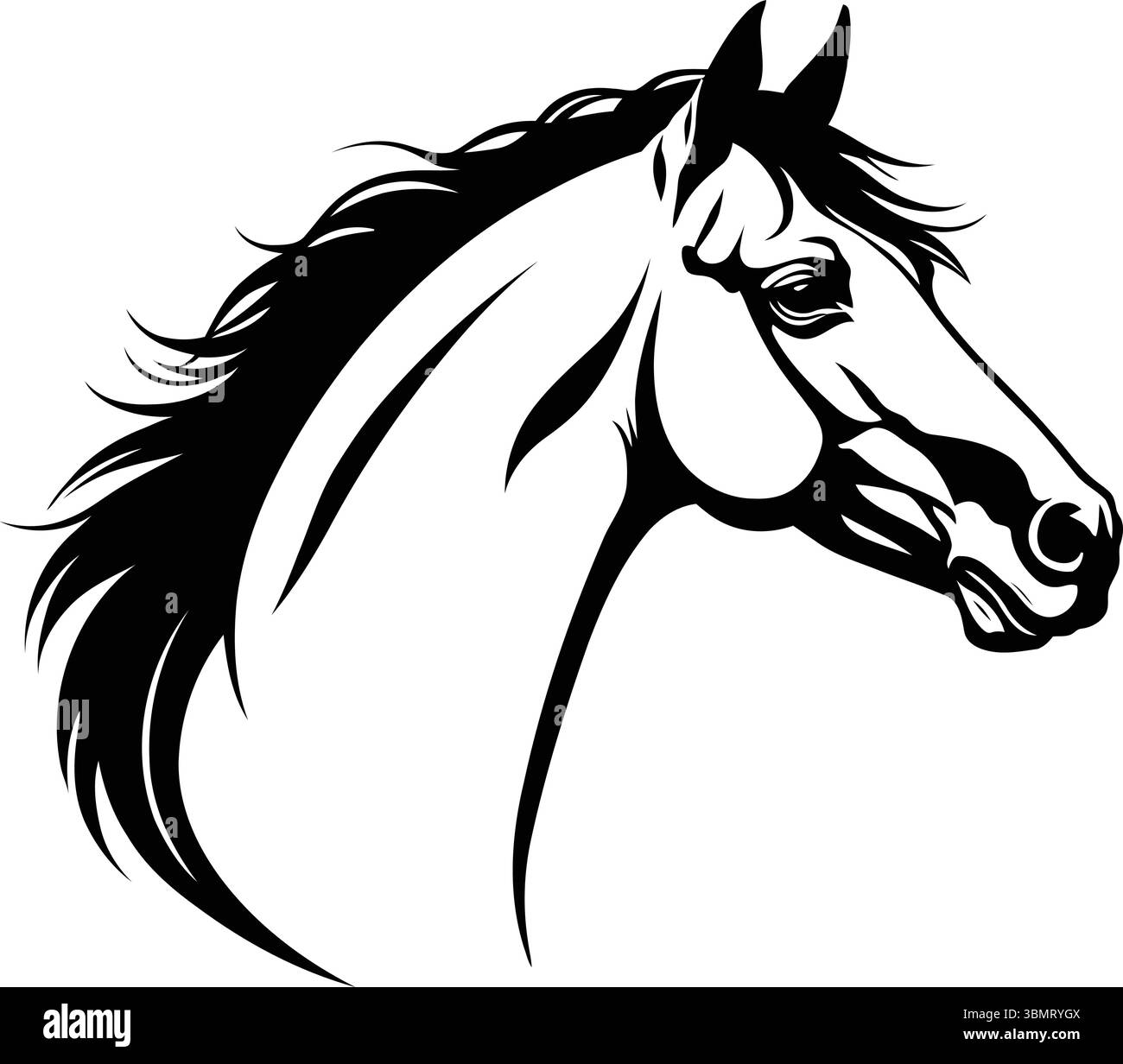 horse head detailed silhouette with natural mane flow and alert ...