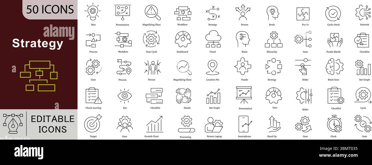 Strategy Business Planning Icon Set - 50 Editable Strategic Management ...
