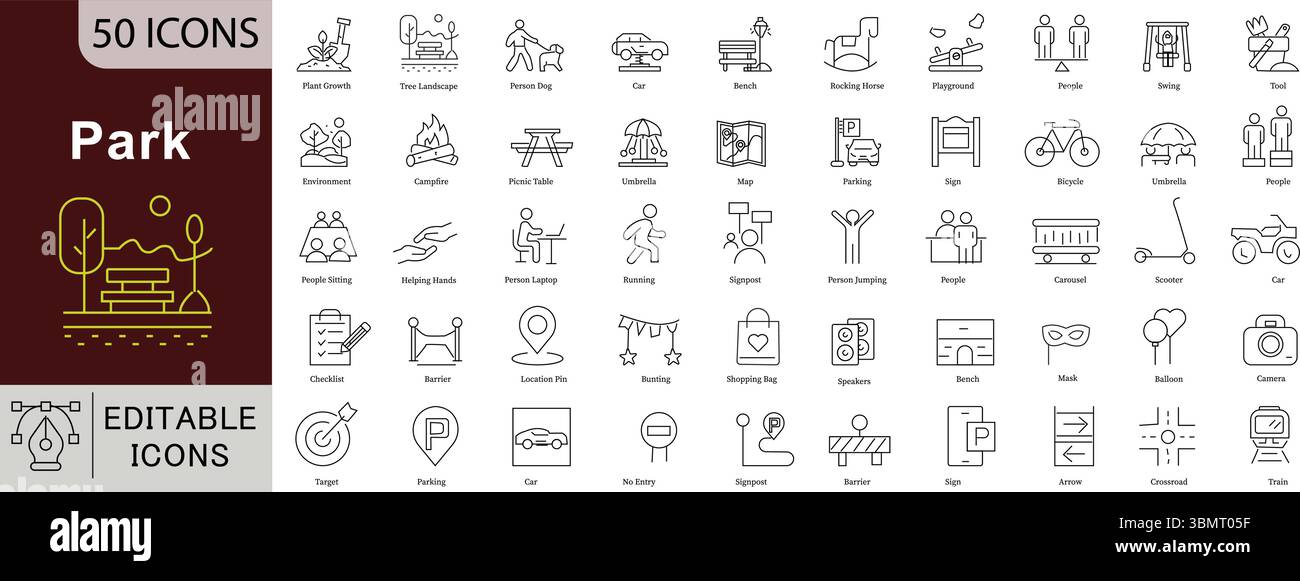 Park and Recreation Editable Line Icons Set - 50 Vector Outdoor ...