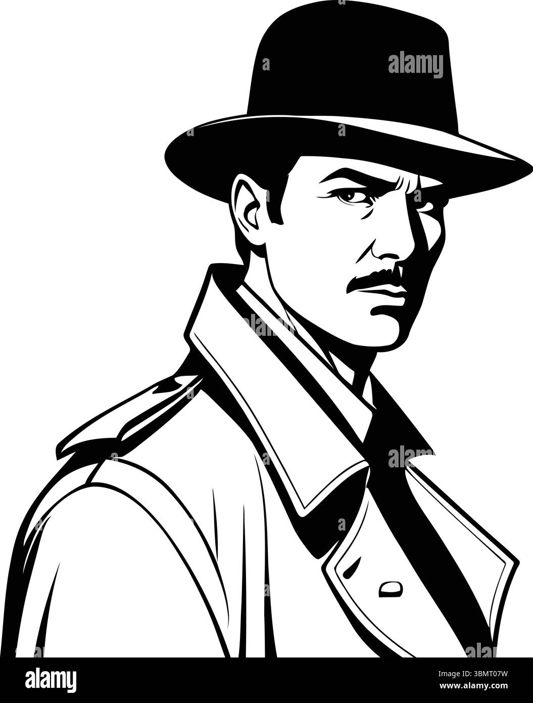 stylish detective half body portrait silhouette with trench coat hat ...