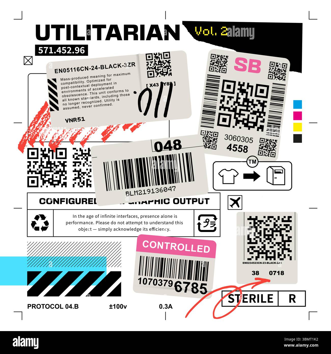 Chaotic utilitarian collage of vector elements: barcodes, stickers ...