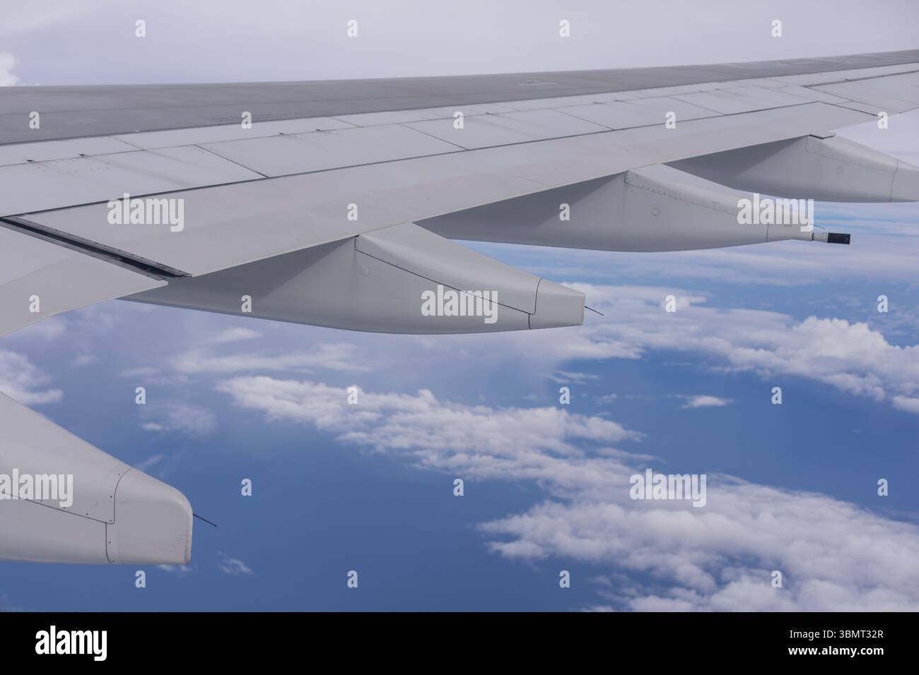In-Flight View of Airplane Wing and Jet Engines Over Cloudy Sky ...