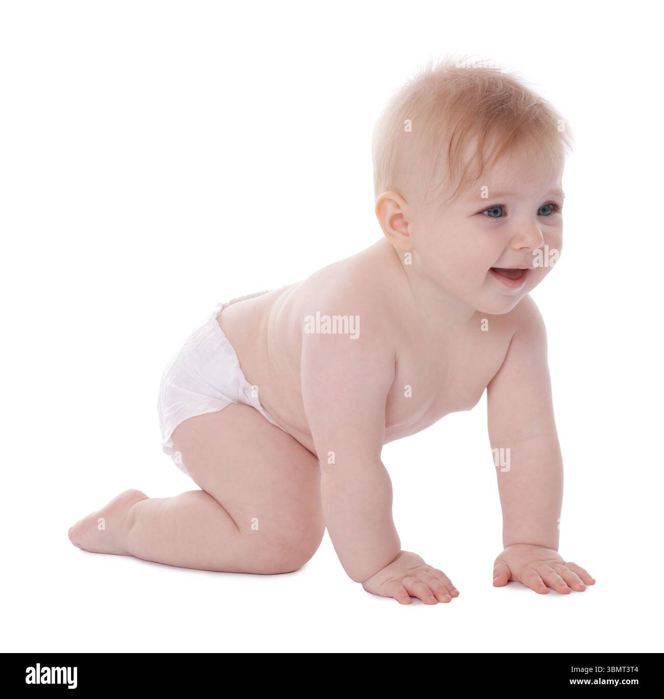 Cute little baby in diaper on white background Stock Photo - Alamy