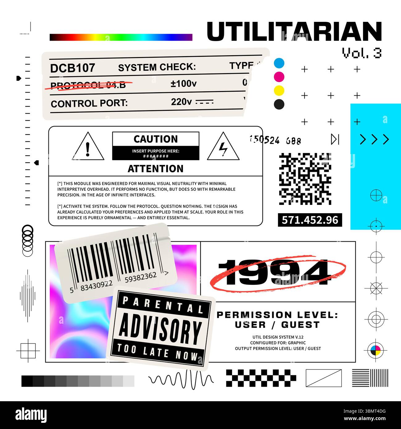 Chaotic utilitarian collage of vector elements: barcodes, stickers ...
