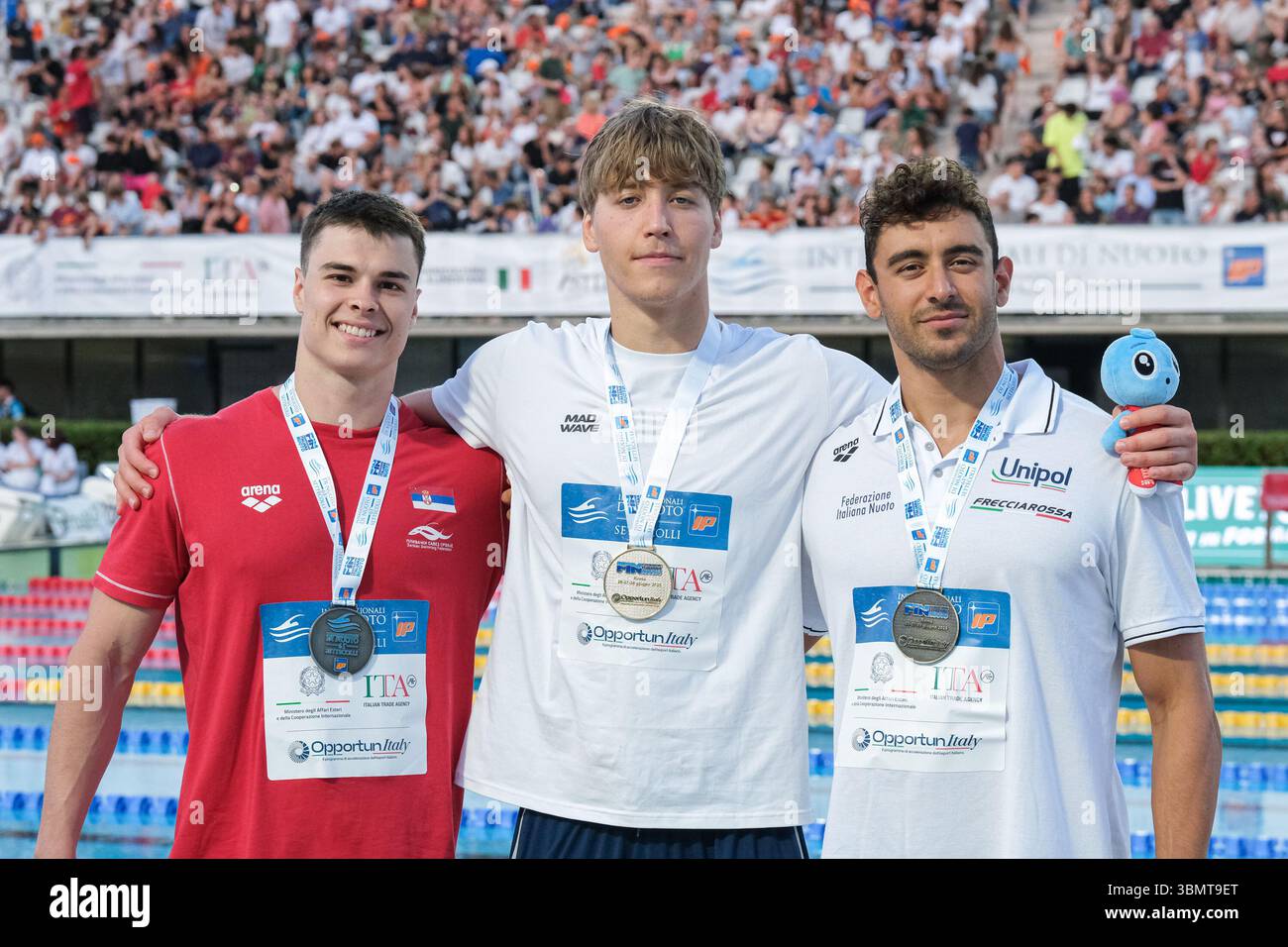 Egor Kornev (C), Andrej Barna (L) and Leonardo Deplano (R) of Italy ...