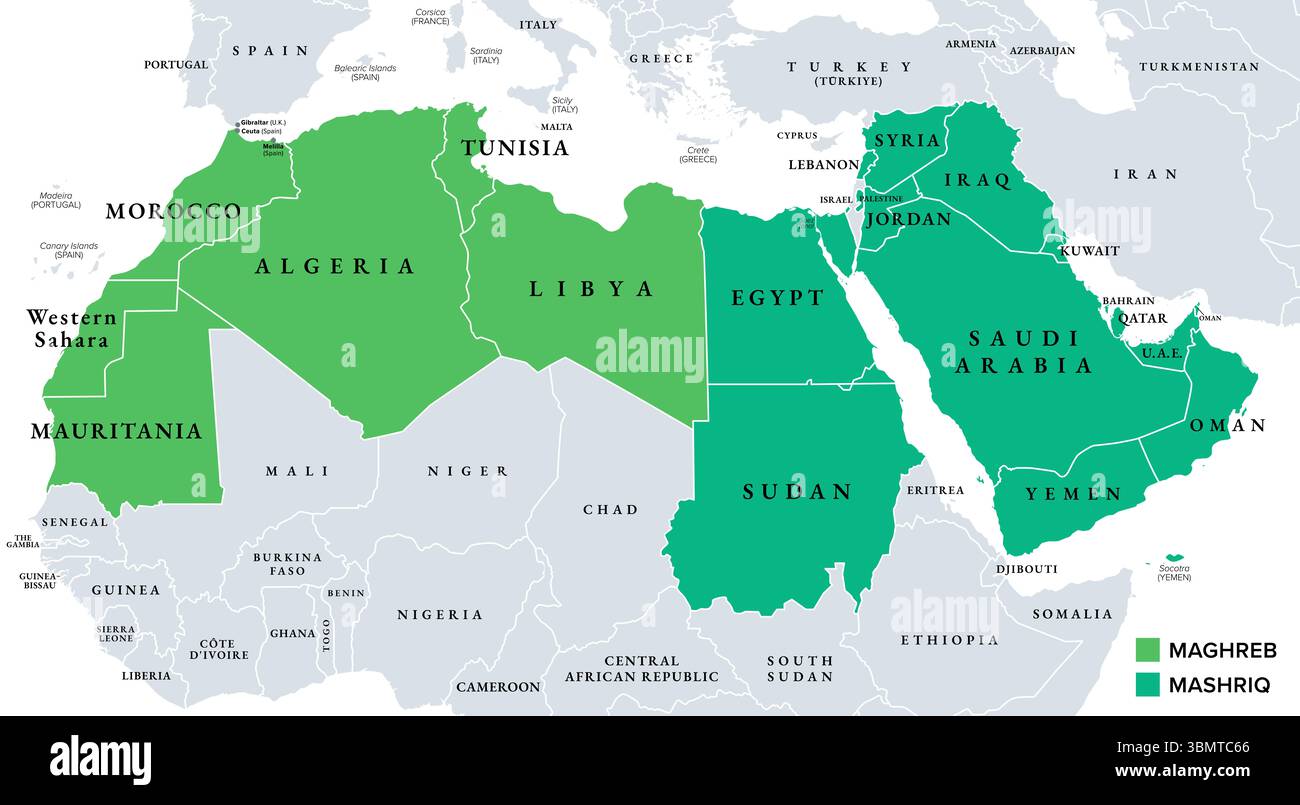 Maghreb and Mashriq, parts of the Arab World, colored political map ...
