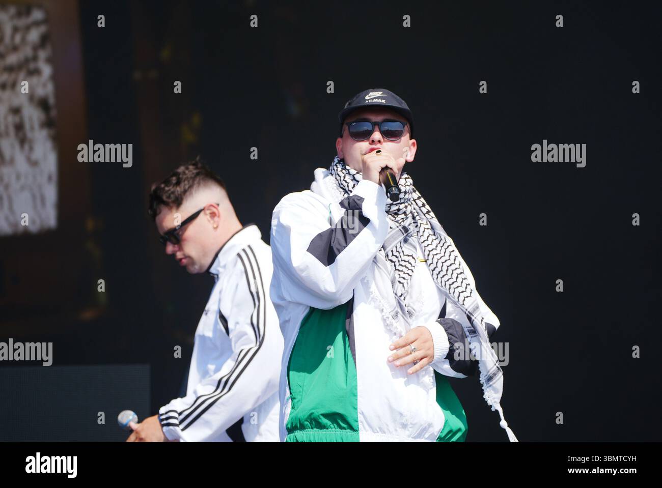 Moglai Bap and Mo Chara of Kneecap performing on the West Holts Stage ...