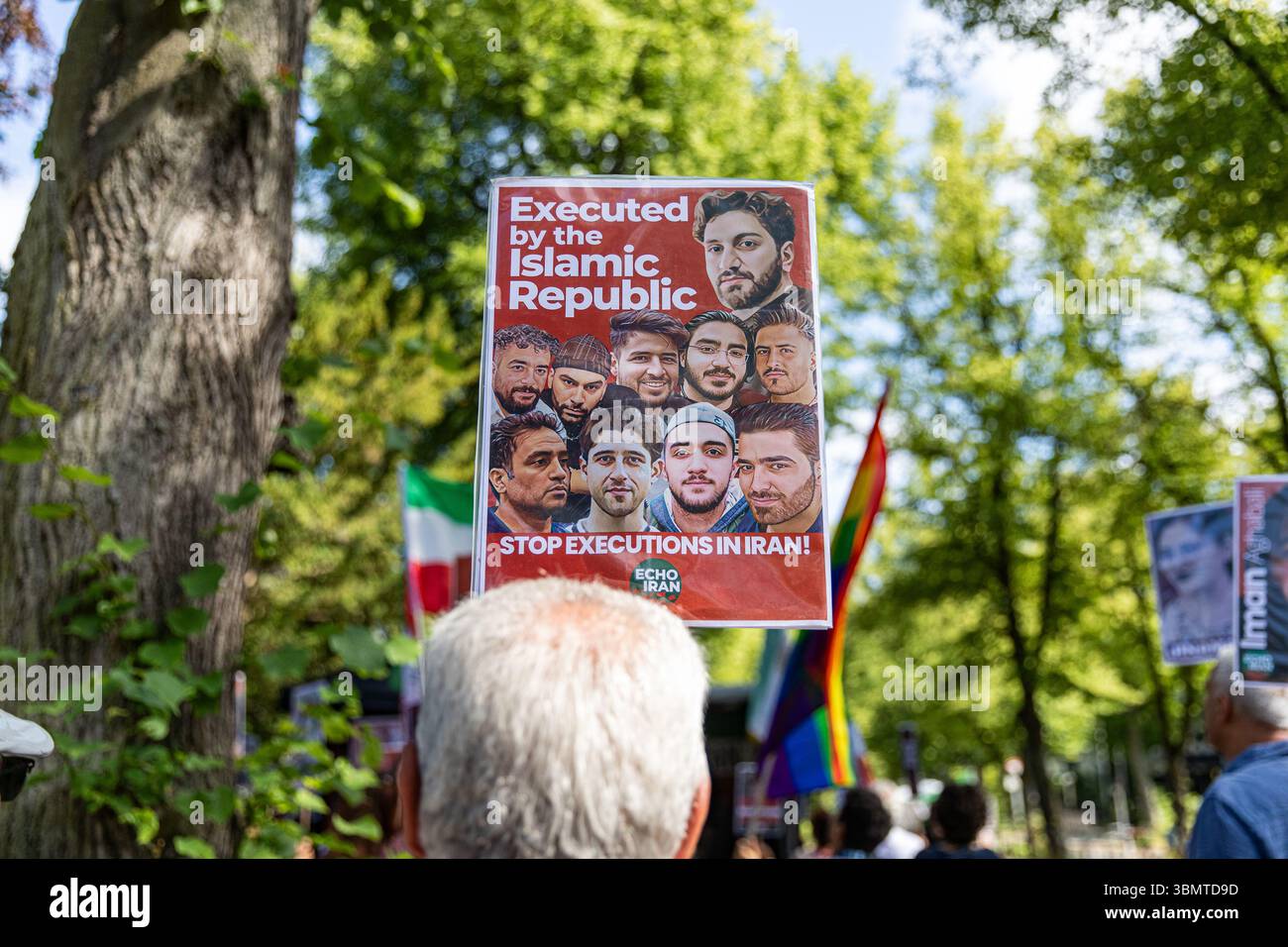 Dozens of demonstrators gathered Saturday, June 28, 2025, in front of the Iranian Embassy in ...