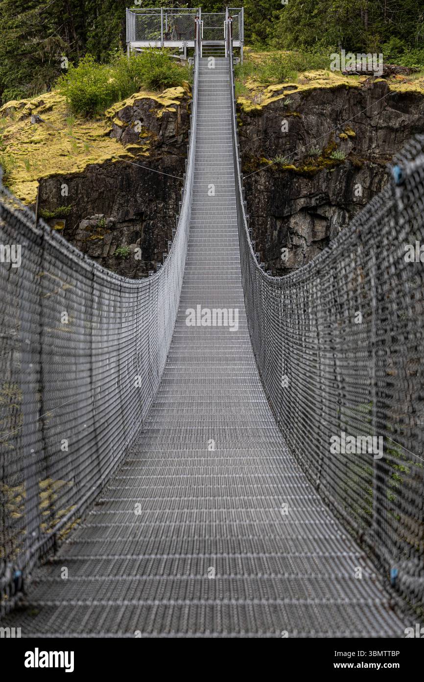 A chain link suspension bridge stretches across a deep canyon ...