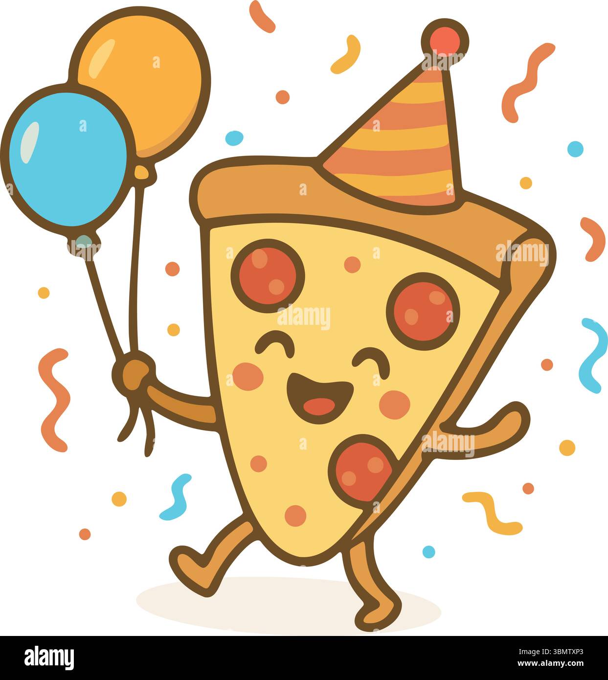 Cheerful party pizza slice character holding balloons and party ...