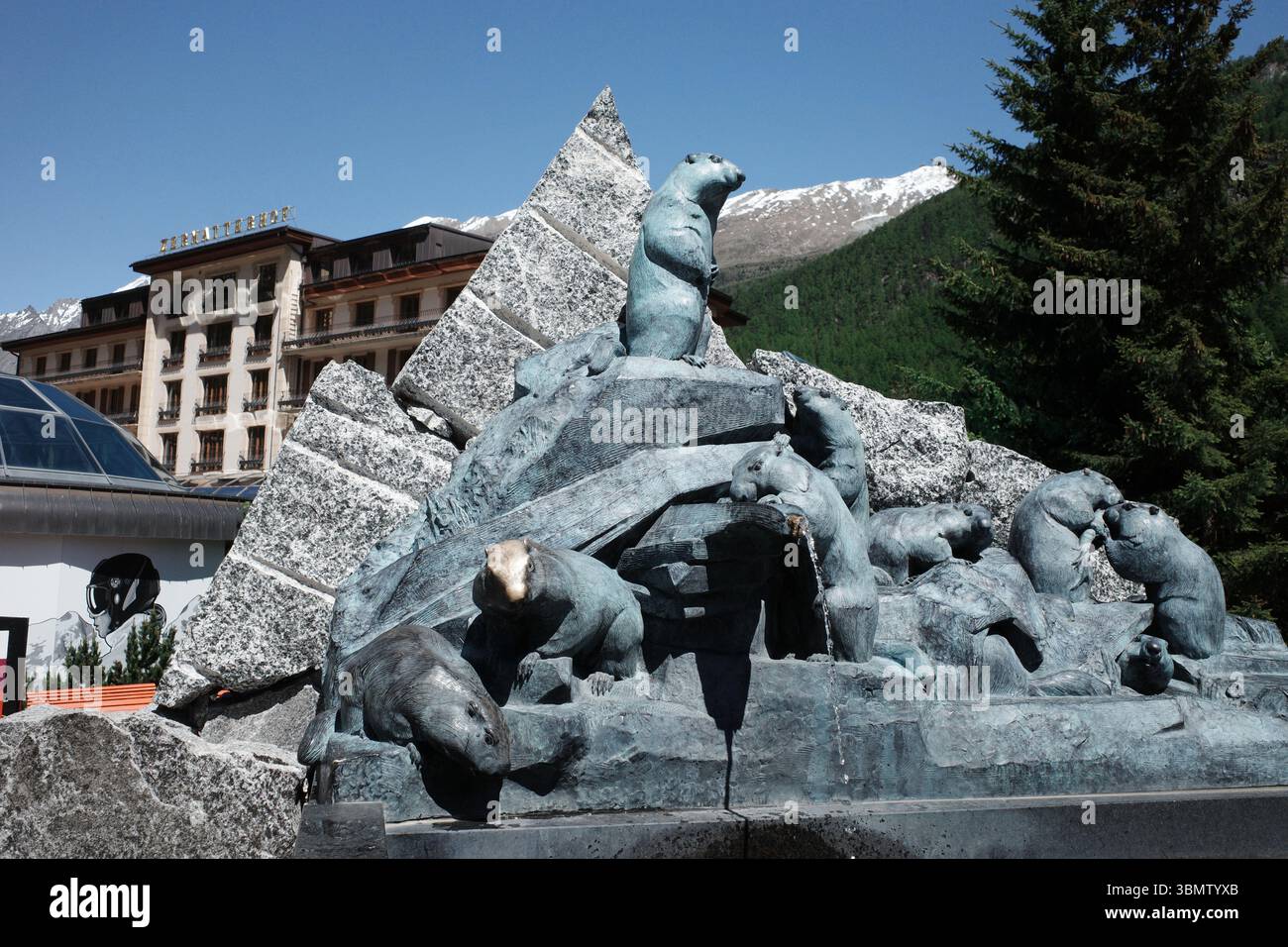 Zermatt, Switzerland. May 30, 2025. Marmot fountain outside the ...