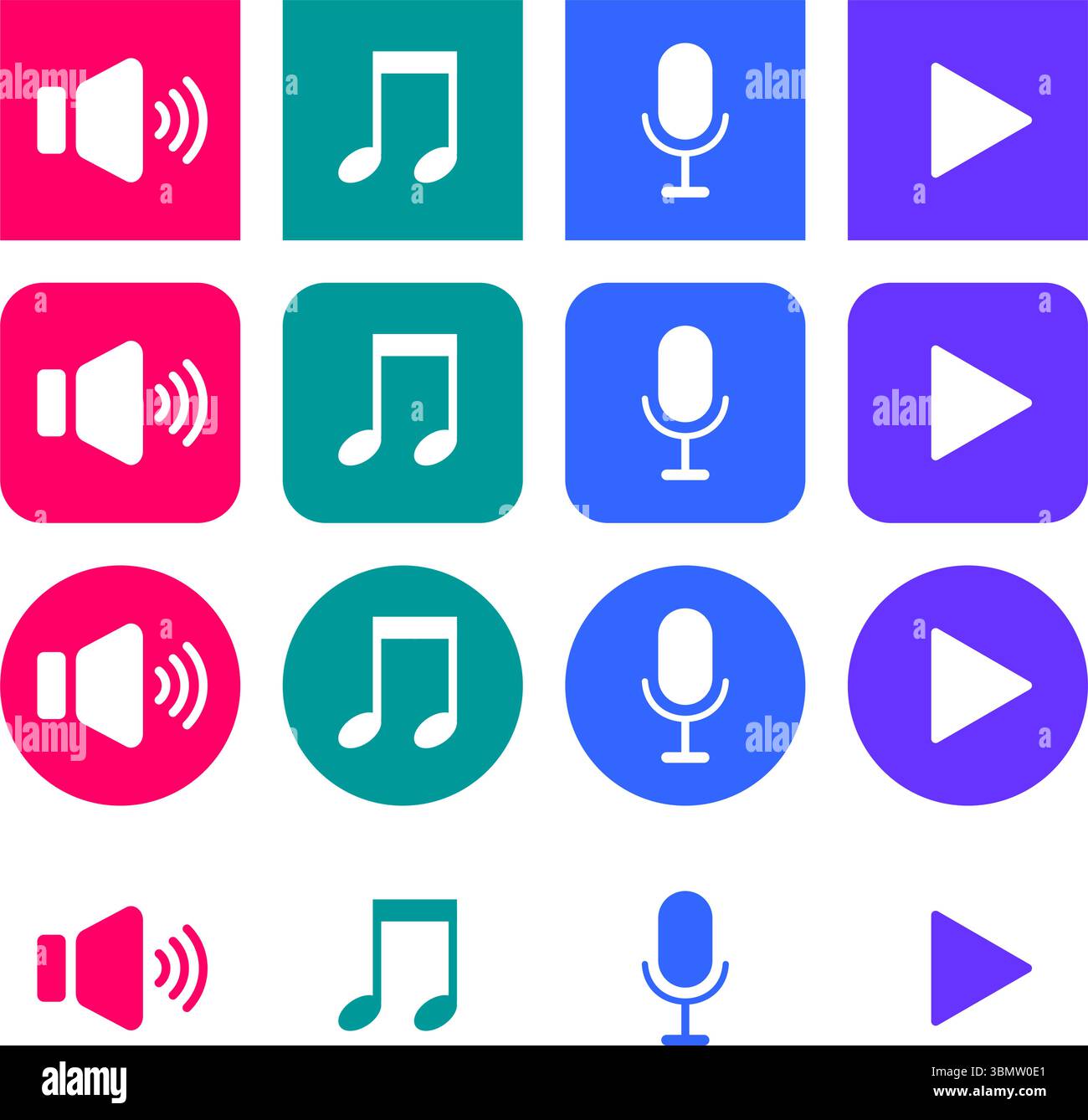 Audio icons. Set of green, pink, blue and purple signs. Play, sound ...