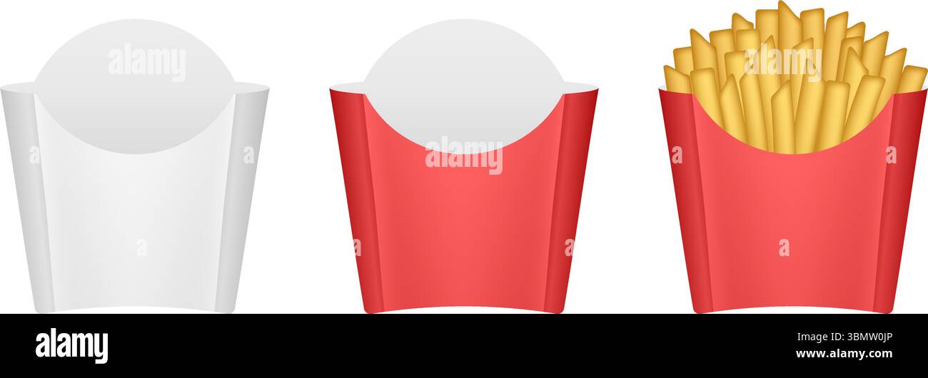 French fries box mockup. White and red paper packaging for fast food ...