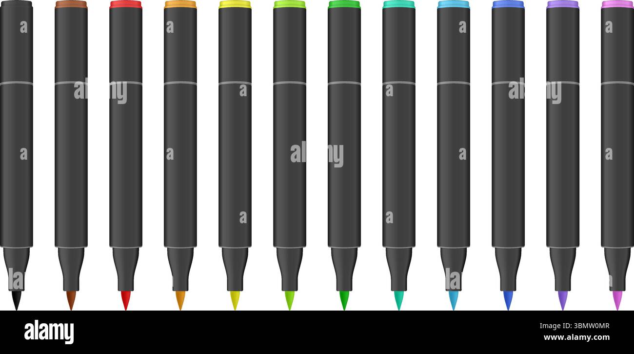 Set of multicolored dual tip markers. Rainbow palette. Coloring or ...