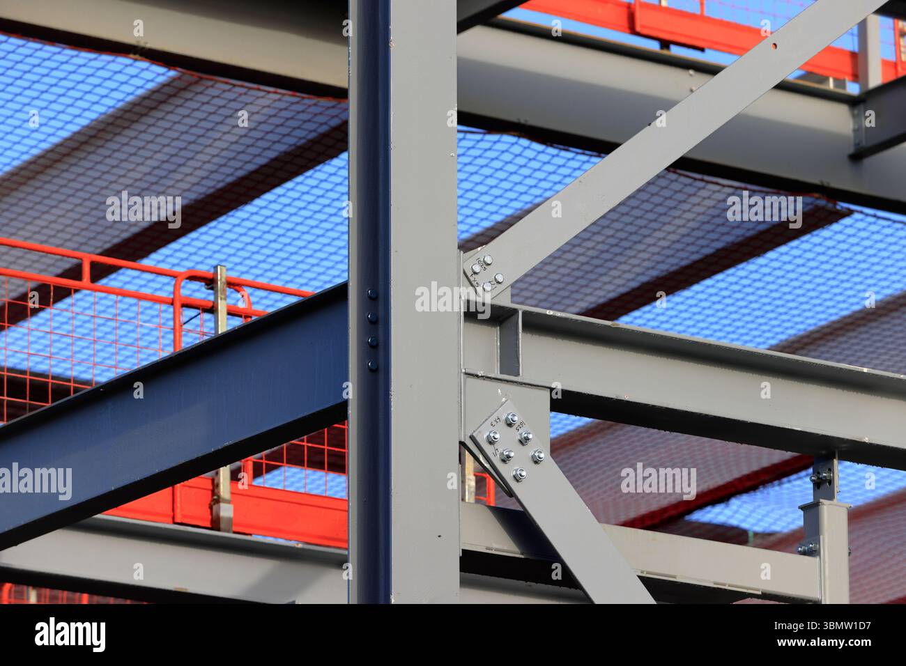 Steel skeleton frame steelwork with fall arrest safety netting at ...