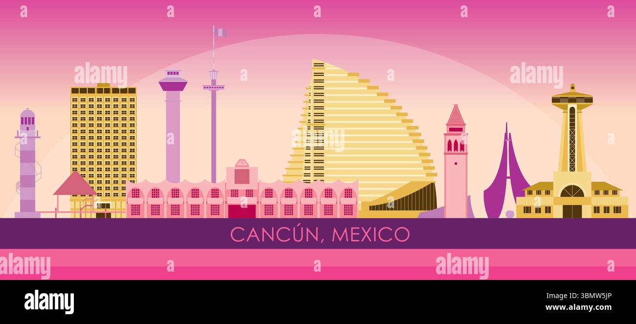 Sunset Skyline panorama of city of Cancun, Mexico - vector illustration ...