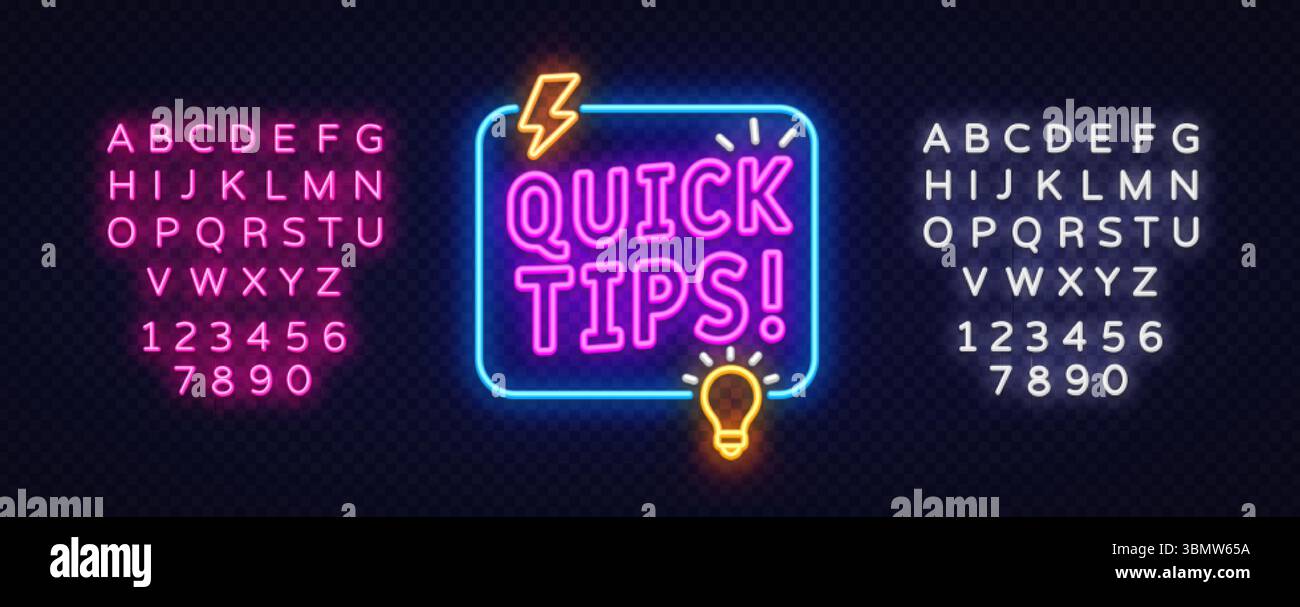 Quick tips vector banner with icons. Neon square frame, lightbulb, and ...