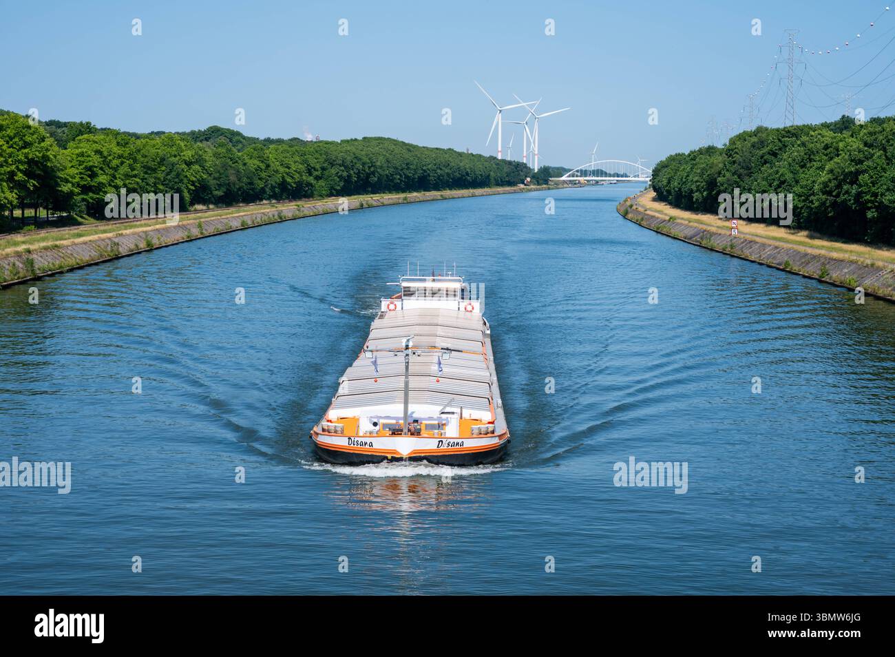 Industrial cargo ship at the Albert canal in Meerhout, Antwerp Province ...