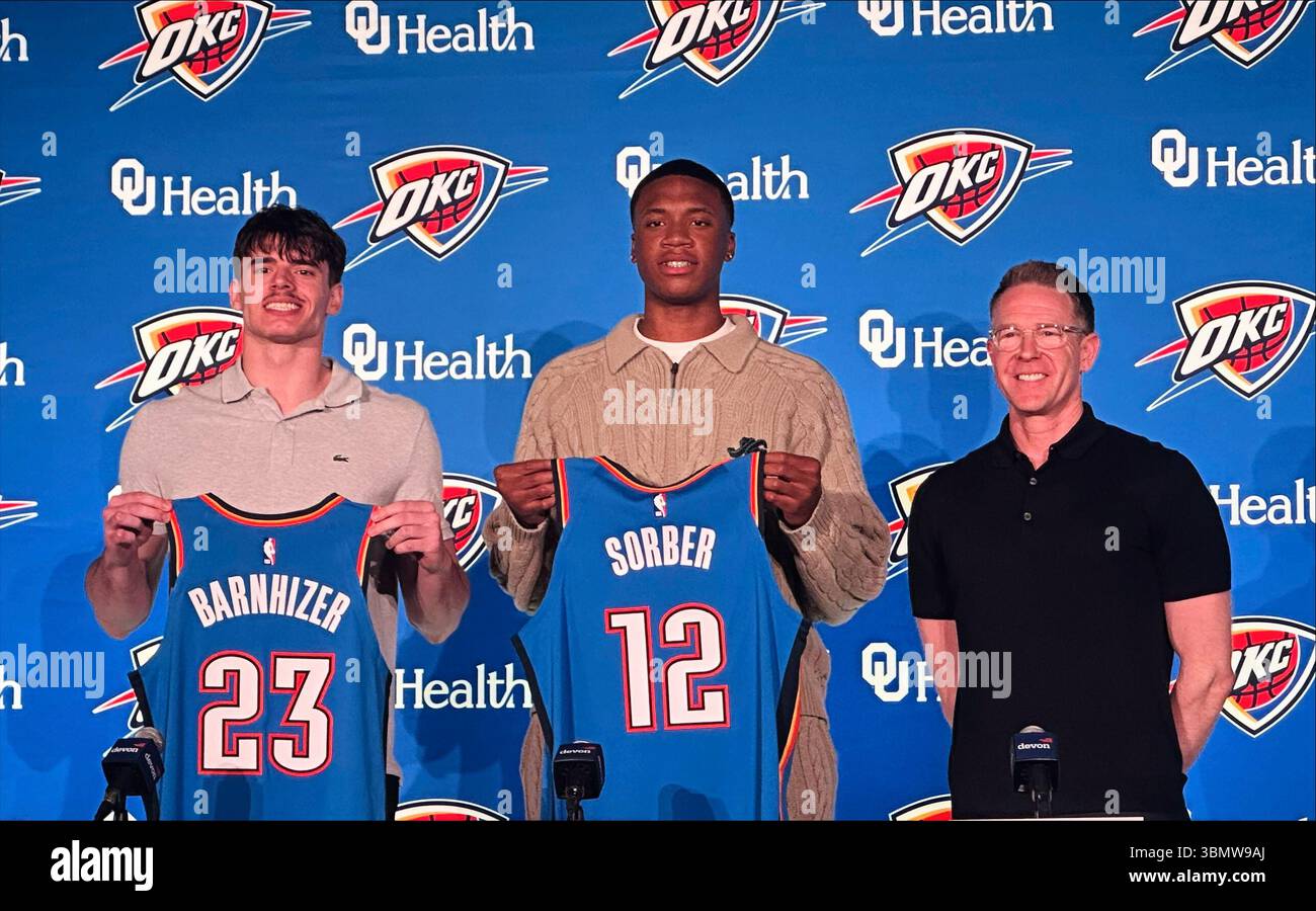 Oklahoma City Thunder draft picks, from left, Brooks Barnhizer and ...