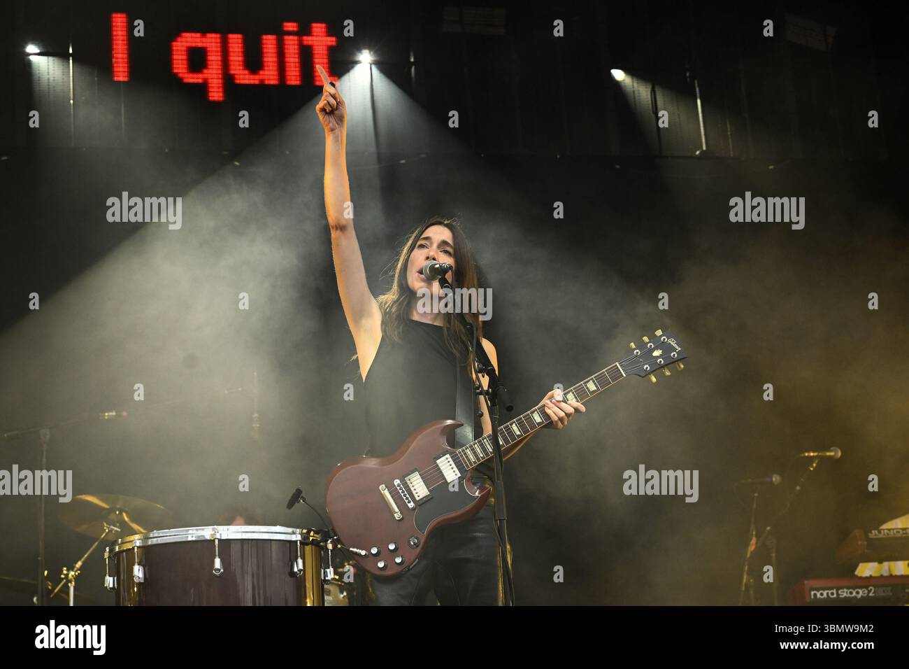 Somerset, UK. 28 June 2025. Haim performing during the Glastonbury ...