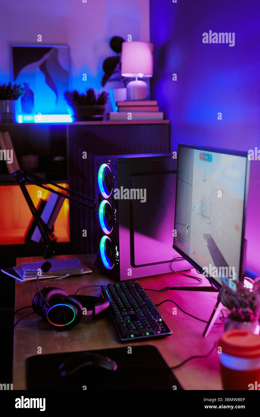 Teenager Live Streaming Video Games with Rgb Gaming Setup at Home Stock ...
