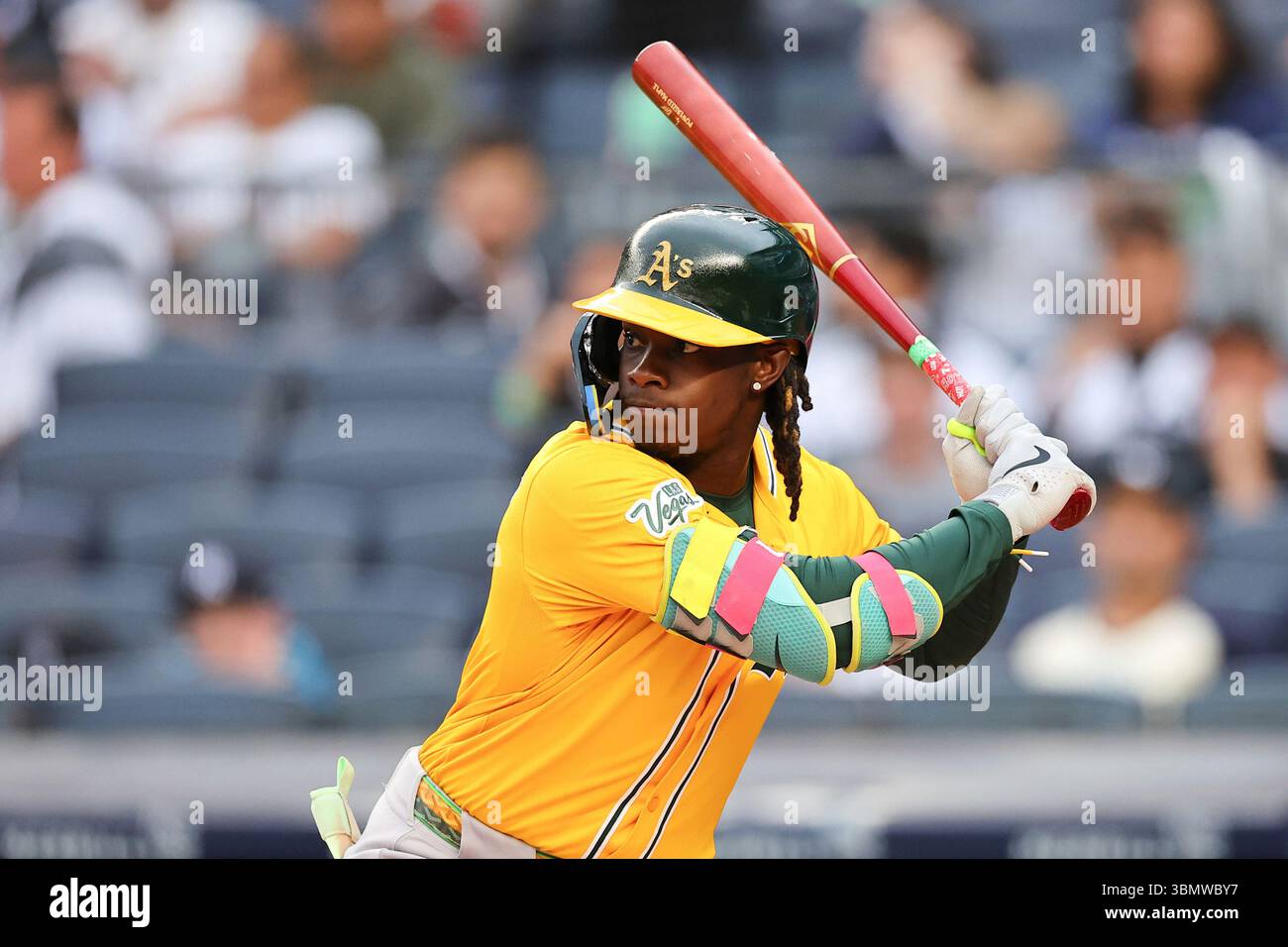 BRONX, NY - JUNE 27: Lawrence Butler #4 of the Athletics at bat during ...